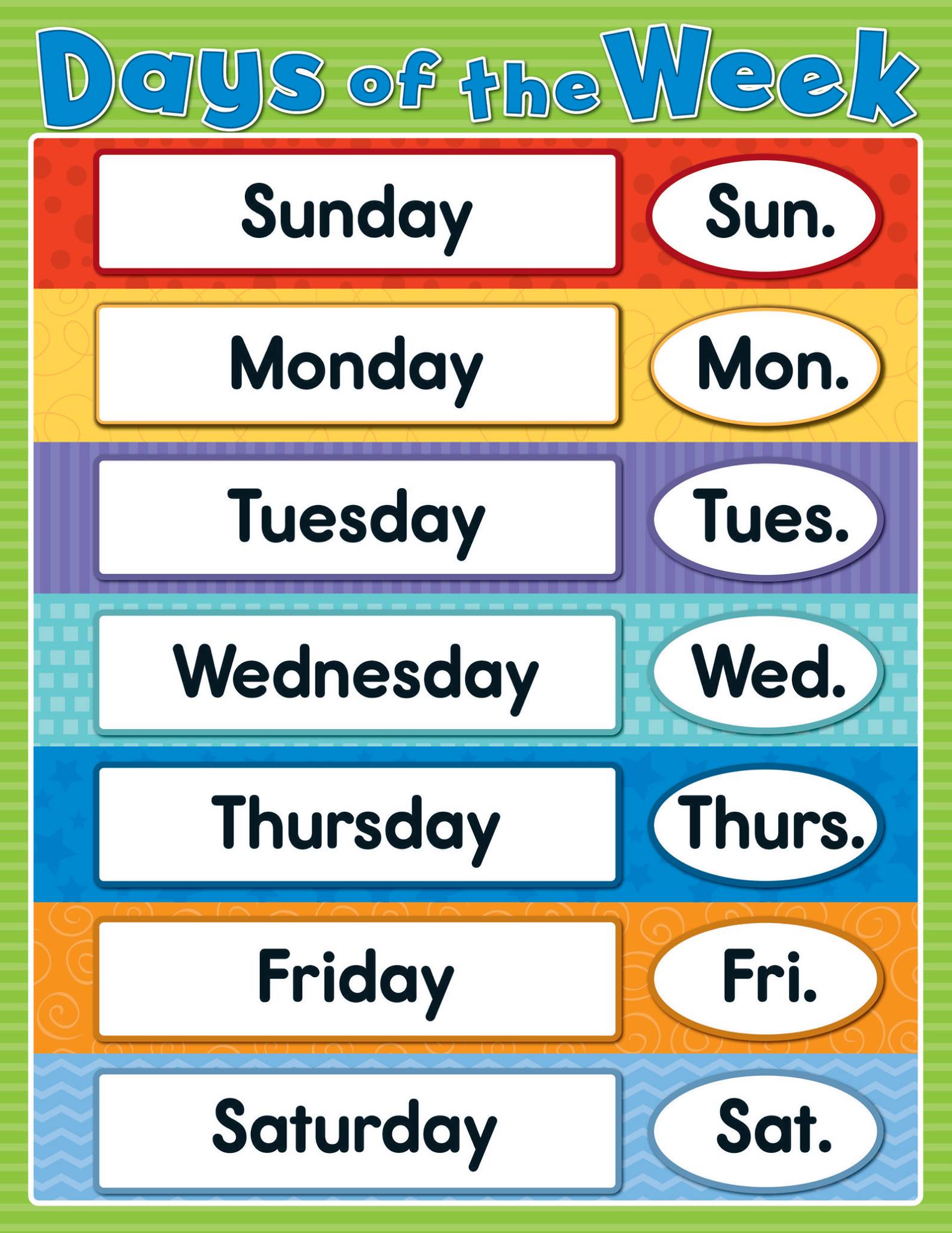 Days Of The Week Chart Edusell Malta